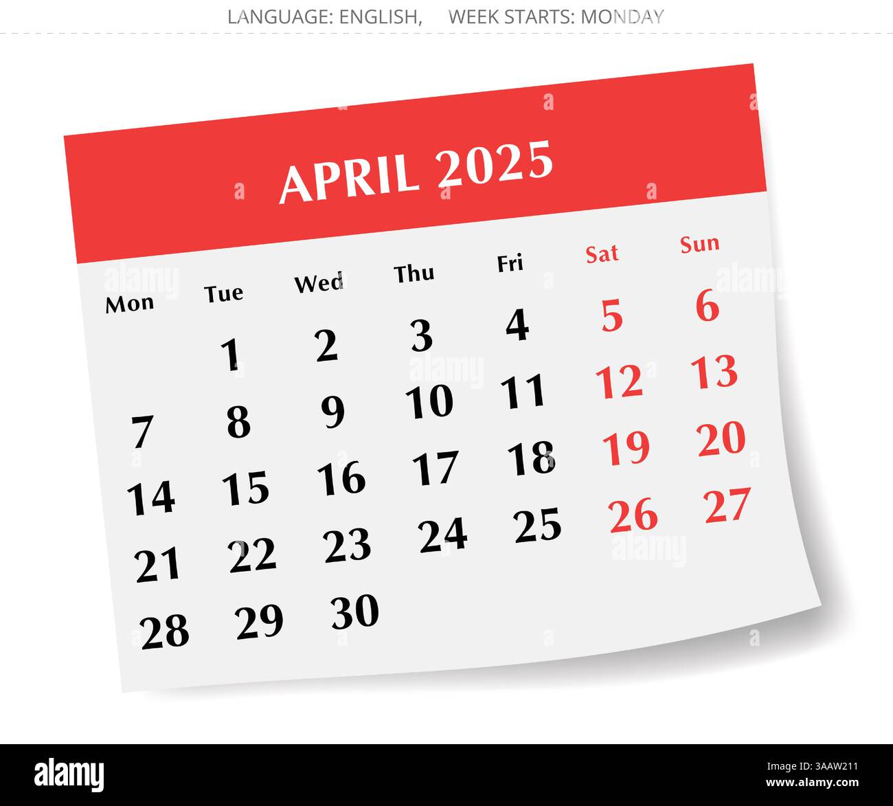 2025 april English calendar. A vector illustration of monthly paper ...