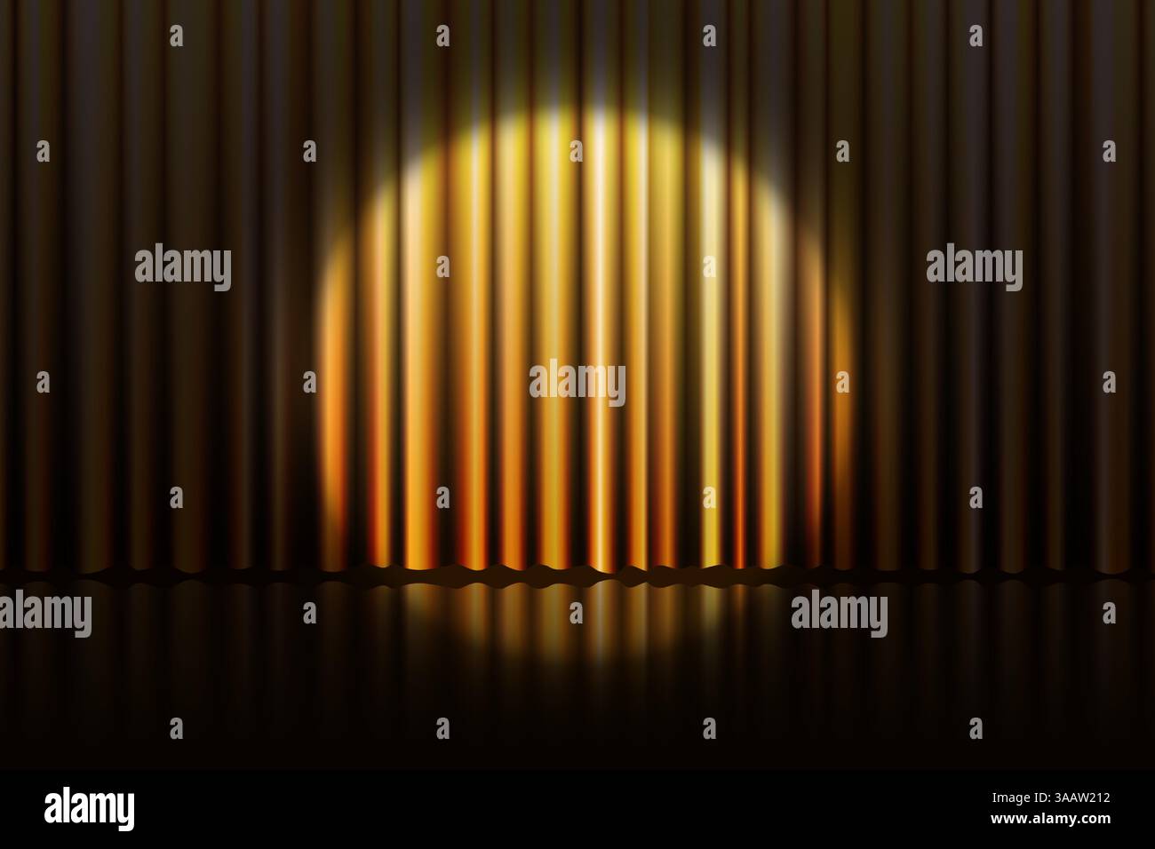 Realistic closed gold cinema curtain bg with round spotlight. Silky ...