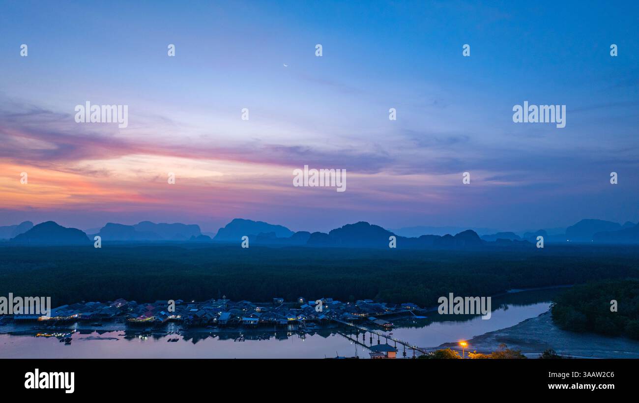 Aerial view of scenery sky reflection at Bang Phat fishing village at ...