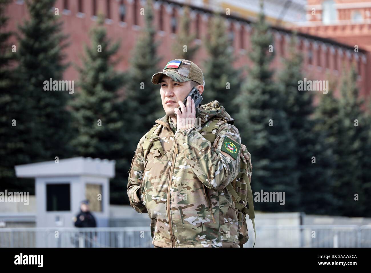 Soldier of russian military forces from Khakassia talking on mobile ...