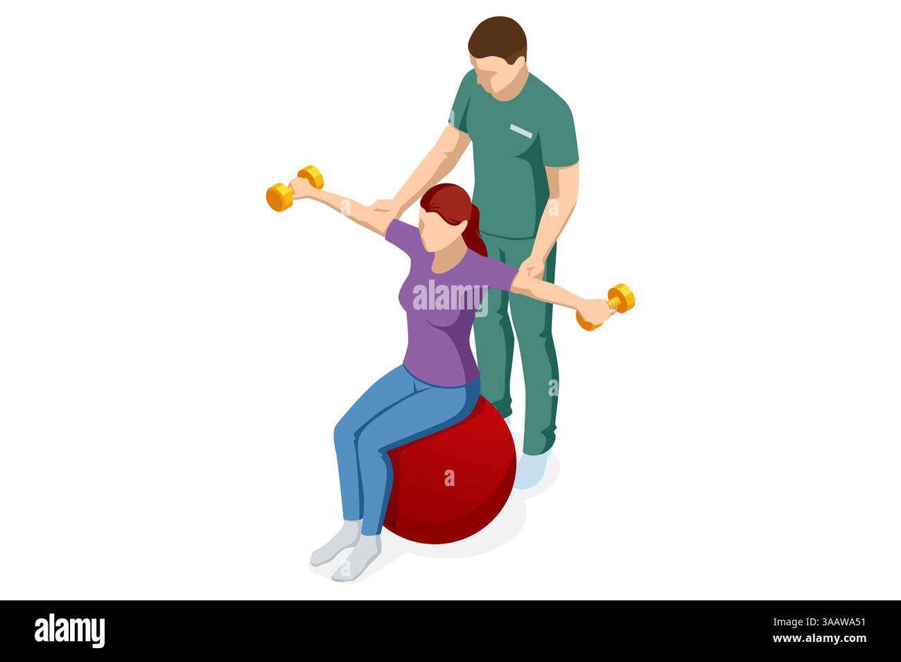Isometric vector illustration depicting female patient on fitness ball ...