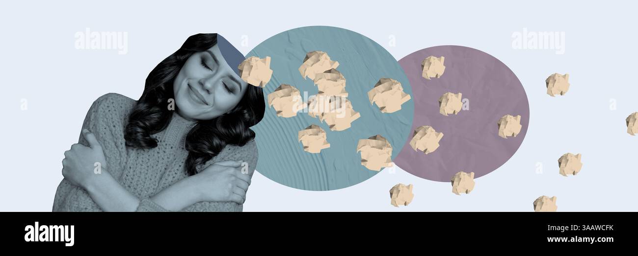 Trend artwork sketch design montage 3D collage of young lady self hugs ...