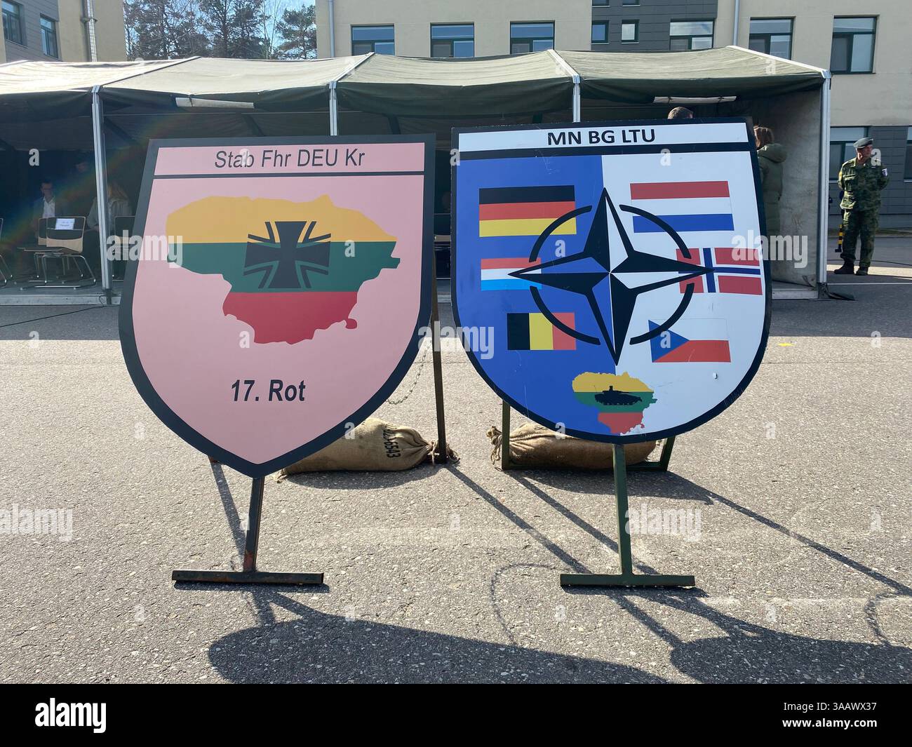 01 April 2025, Lithuania, Rukla: The coat of arms of the staff for the ...