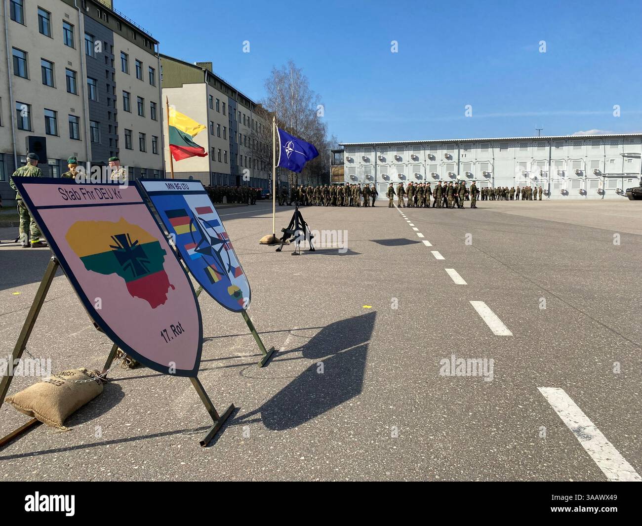 01 April 2025, Lithuania, Rukla: The coat of arms of the staff for the ...