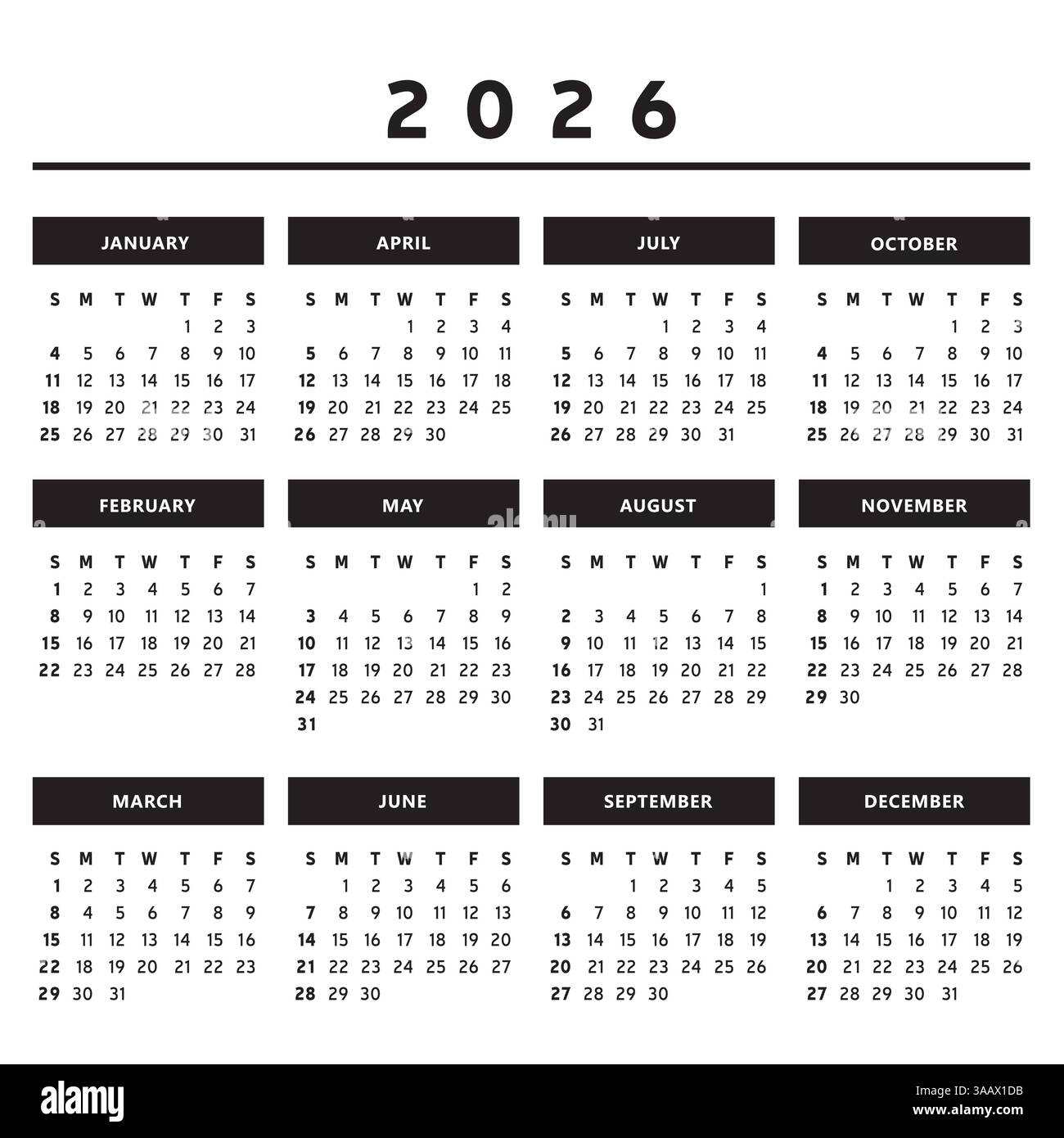 2026 Calendar with Boxes in Black and White Colors 4 Columns - English Stock Vector Image & Art ...