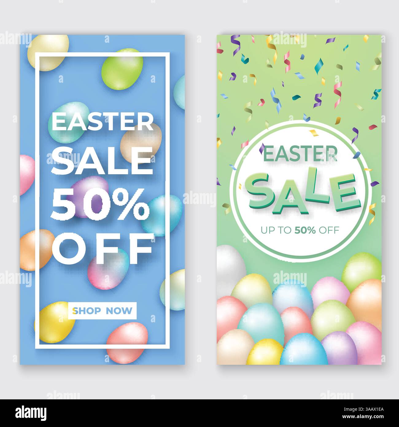 Easter vertical banners with 3d eggs on green and blue with letters ...