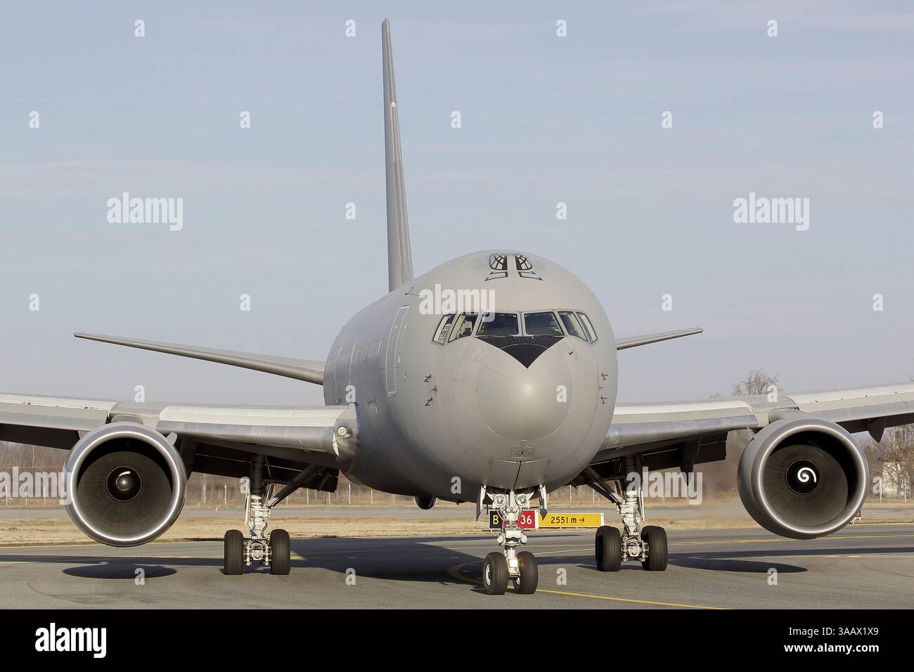 A KC-767A tanker aircraft of the Italian Air Force taxiing on runway ...
