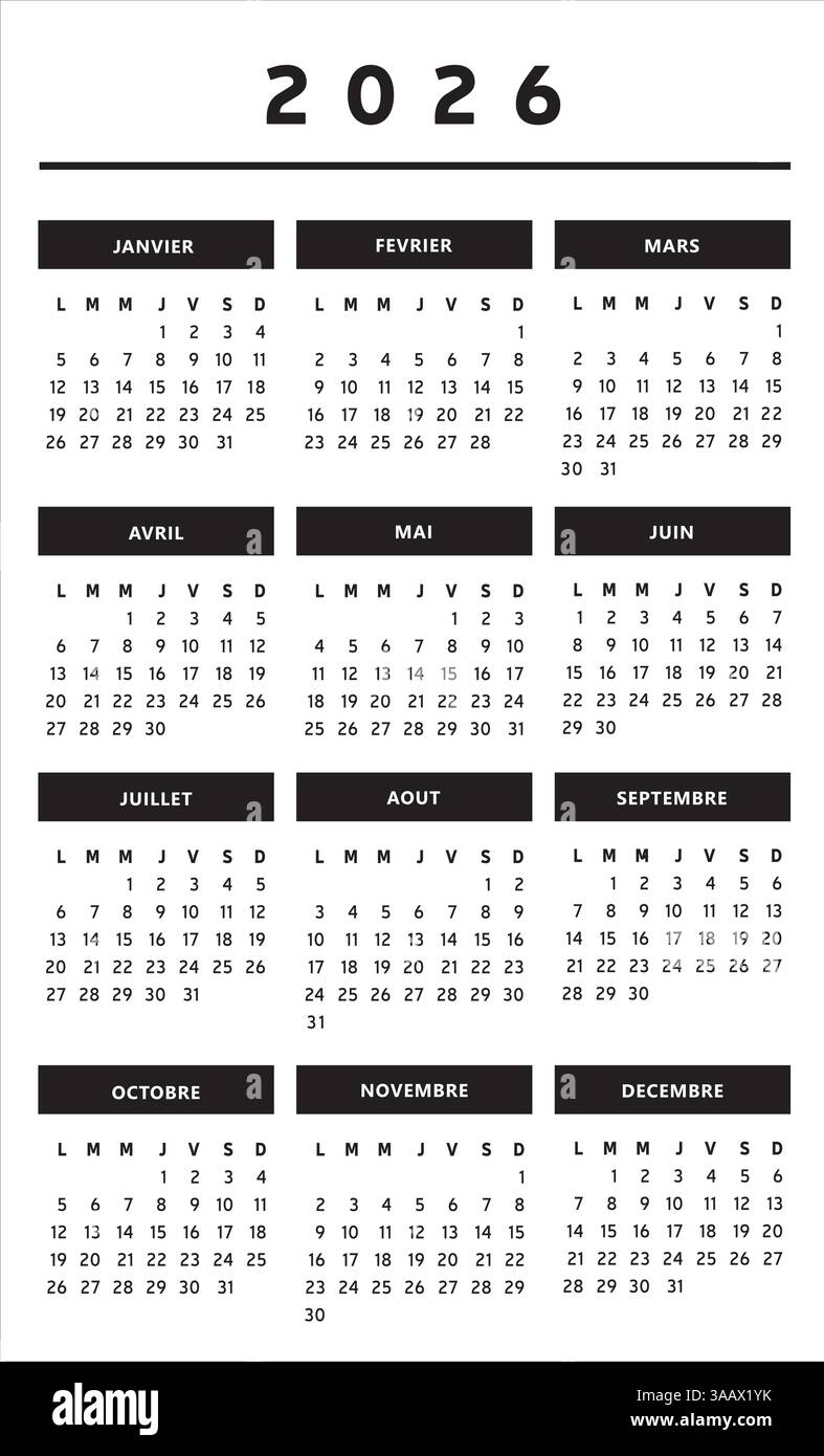 2026 Calendar with Boxes in Black and White Colors 3 Columns - French ...