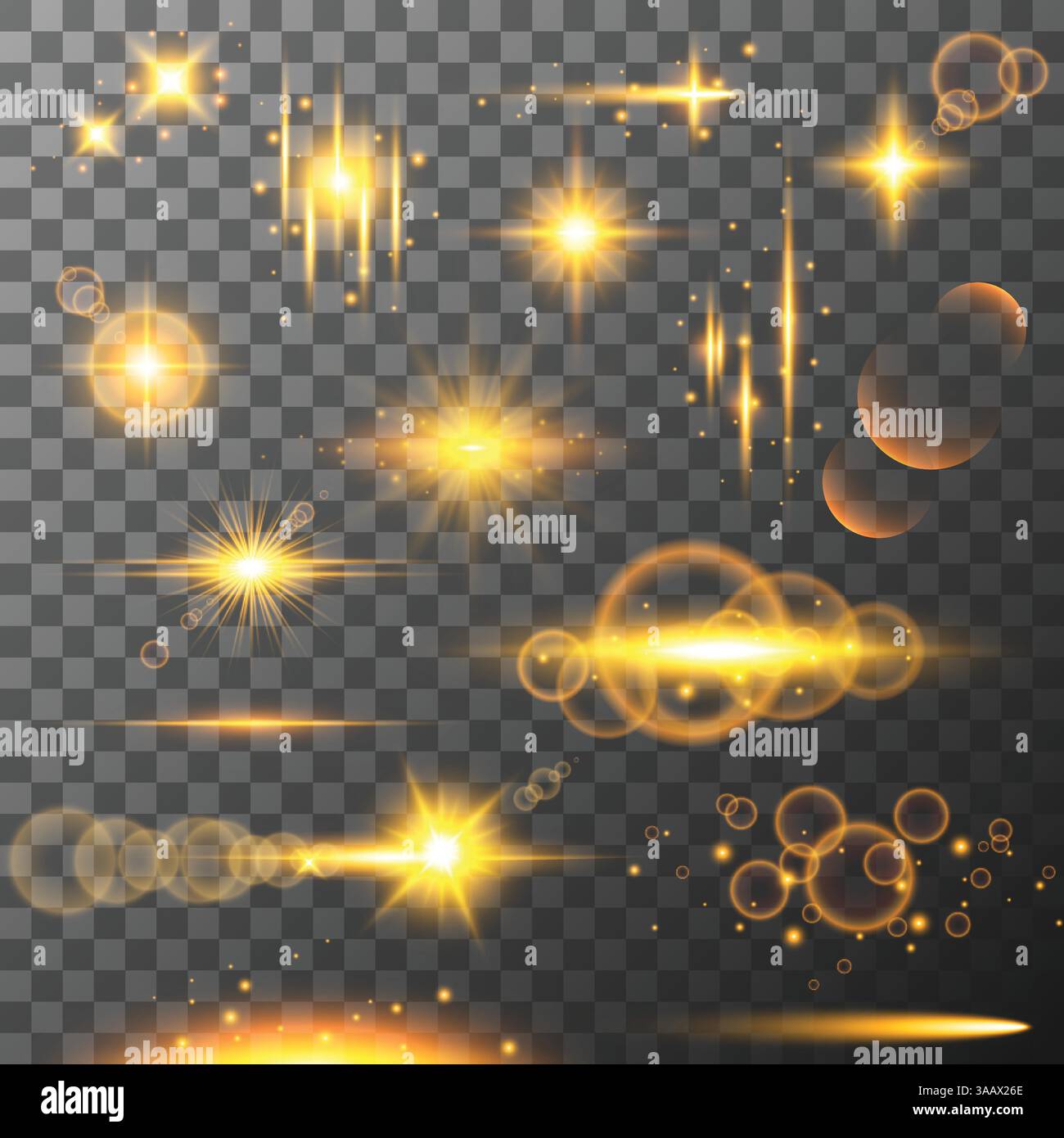 Collection of different yellow flare light effects. Lens flares, rays, stars and sparkles with ...
