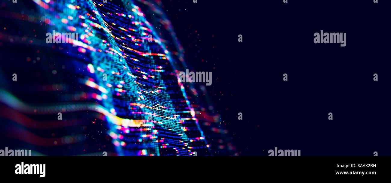 Abstract Big data digital stream waves. Information flow concept. LLM learning process, AI ...