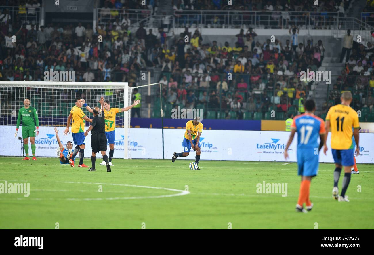 Chennai, India. 30th March, 2025. Brazil Legends Triumph Over India All-Stars 2 - 1 in Thrilling ...