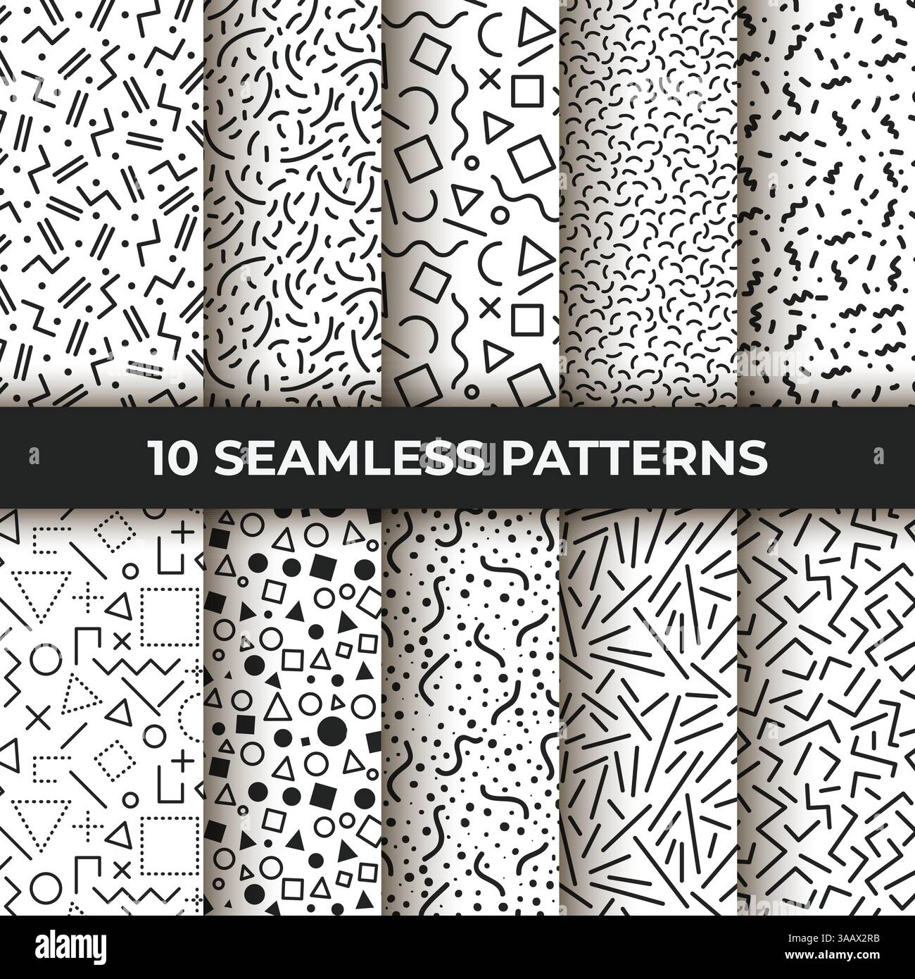 Set of ten vector seamless patterns. Retro memphis geometric line ...