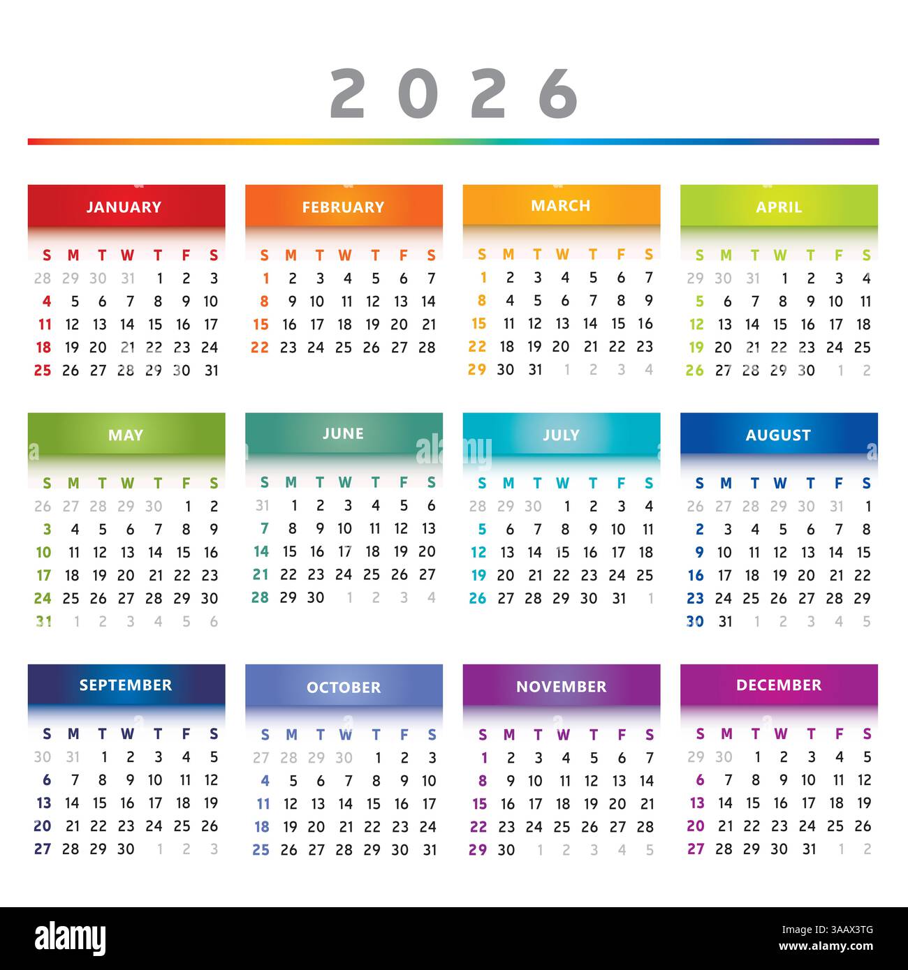 2026 Calendar with Boxes in Rainbow Colors 4 Columns - English Stock ...