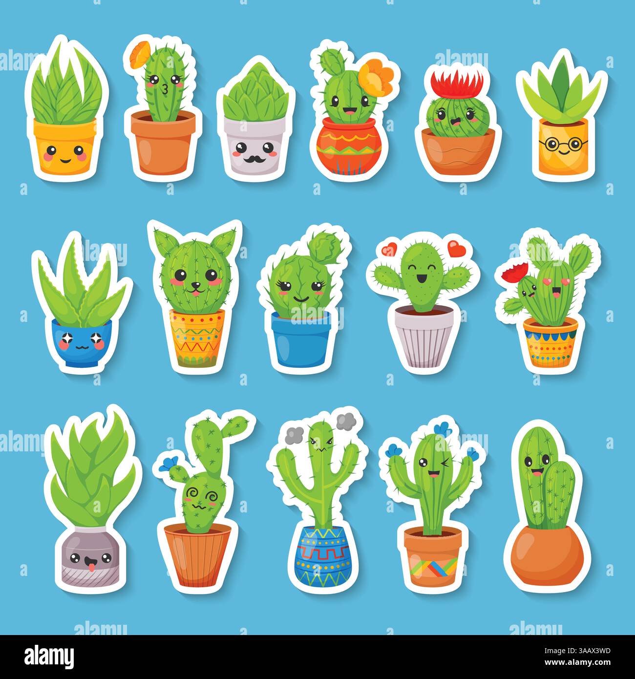 Set of 16 cute cartoon cactus and succulents stickers. Vector kawaii ...