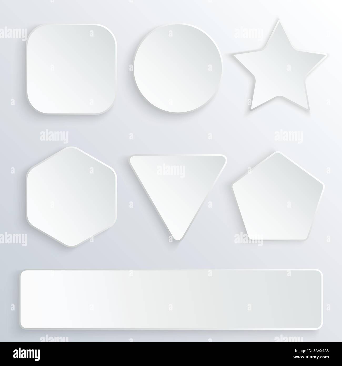 Set of 3d paper buttons in various shapes. White vector buttons on gray background. Round ...