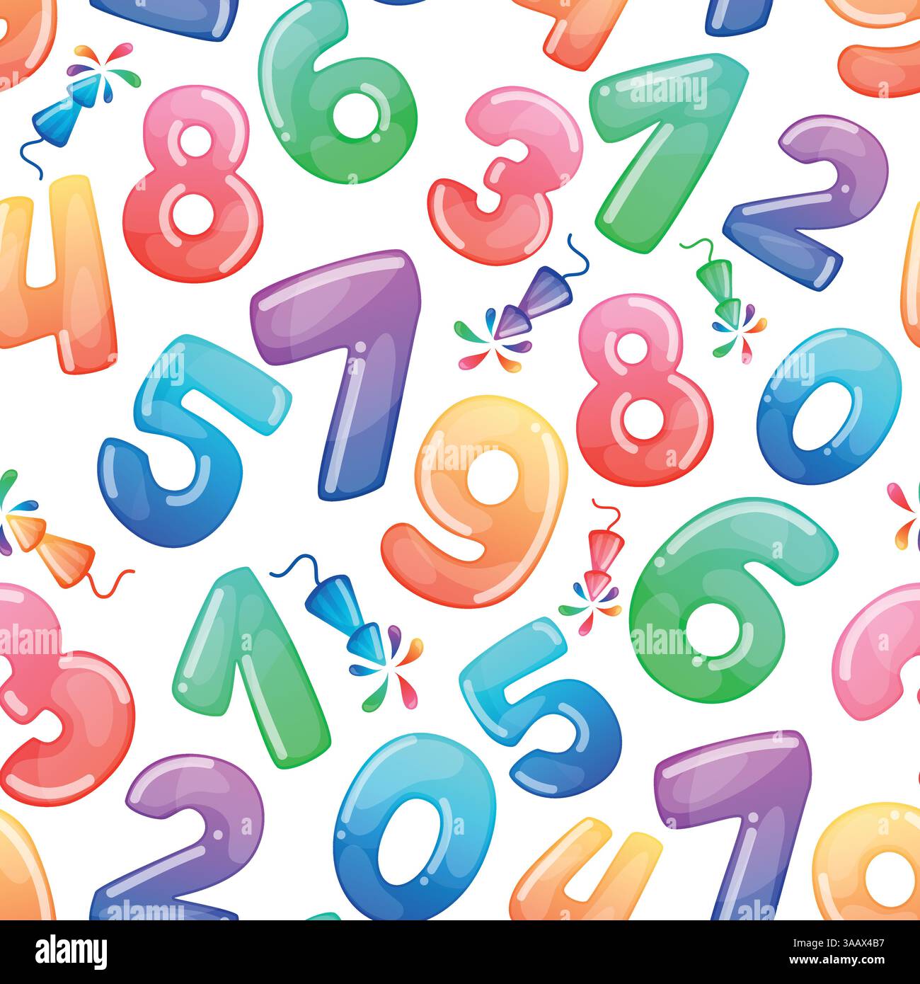 Seamless vector pattern with cartoon numbers and fireworks. Rainbow ...
