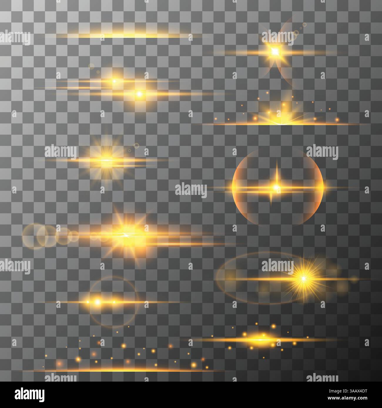 Collection of different horizontal yellow flare light effects. Lens ...