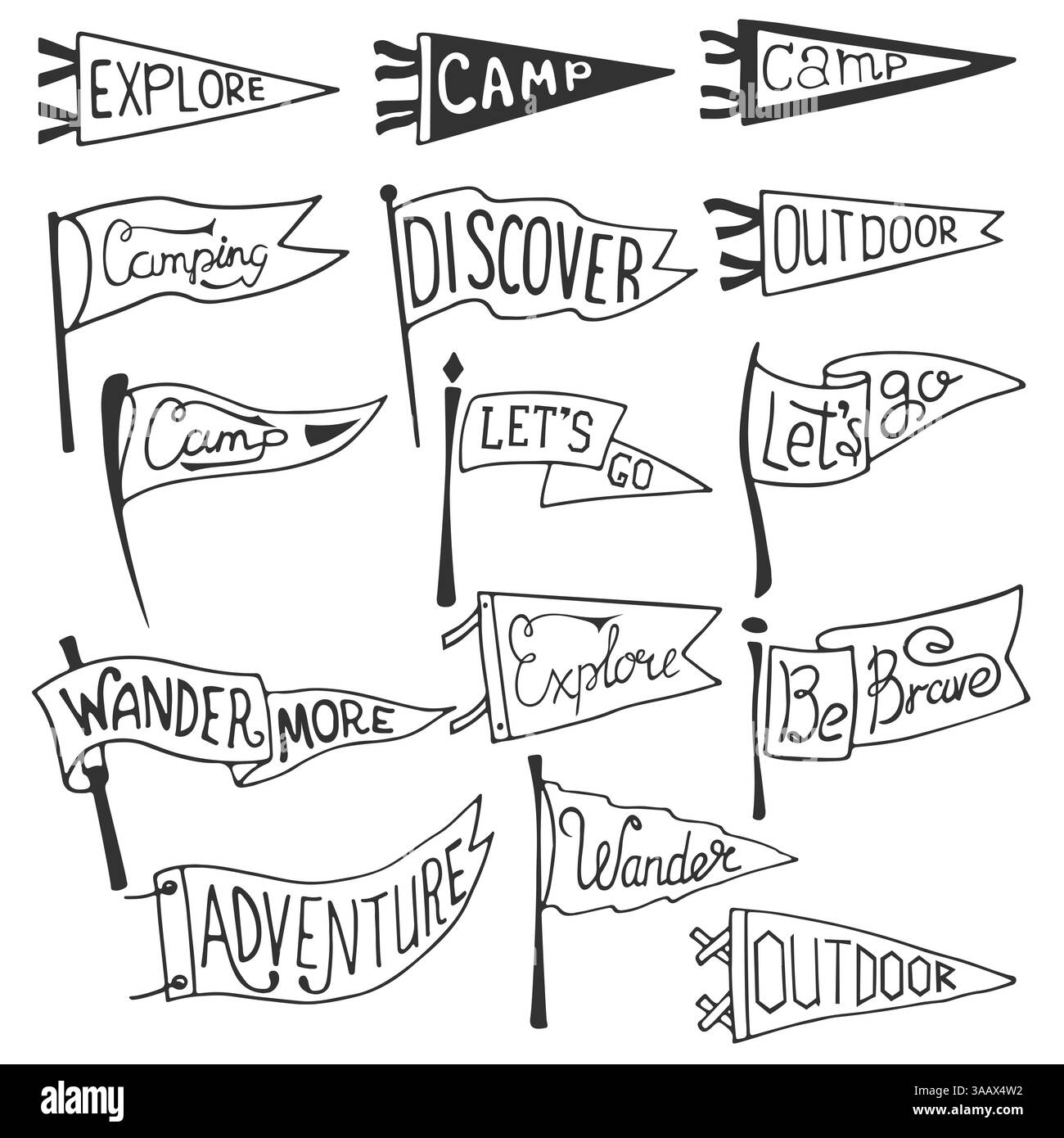 Set of adventure, outdoors, camping pennants. Retro monochrome labels ...