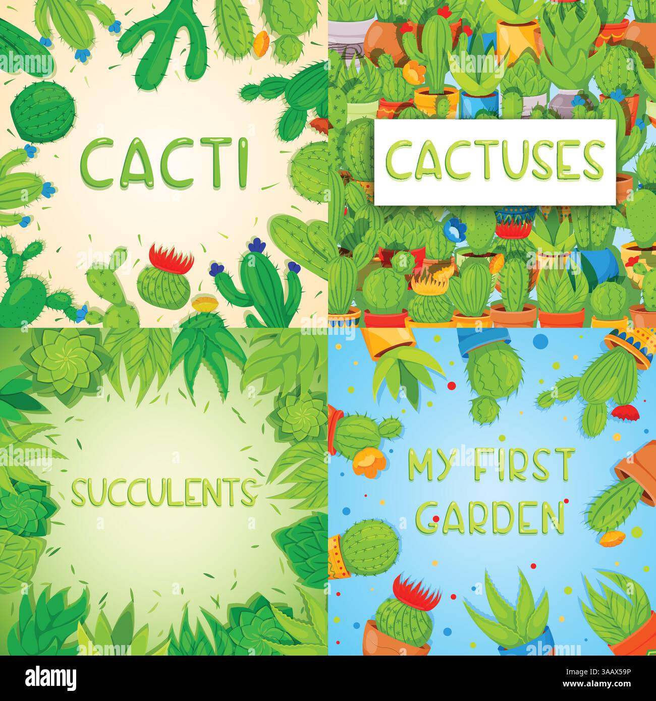 Set of 4 square vector banner templates with cactuses and succulents ...