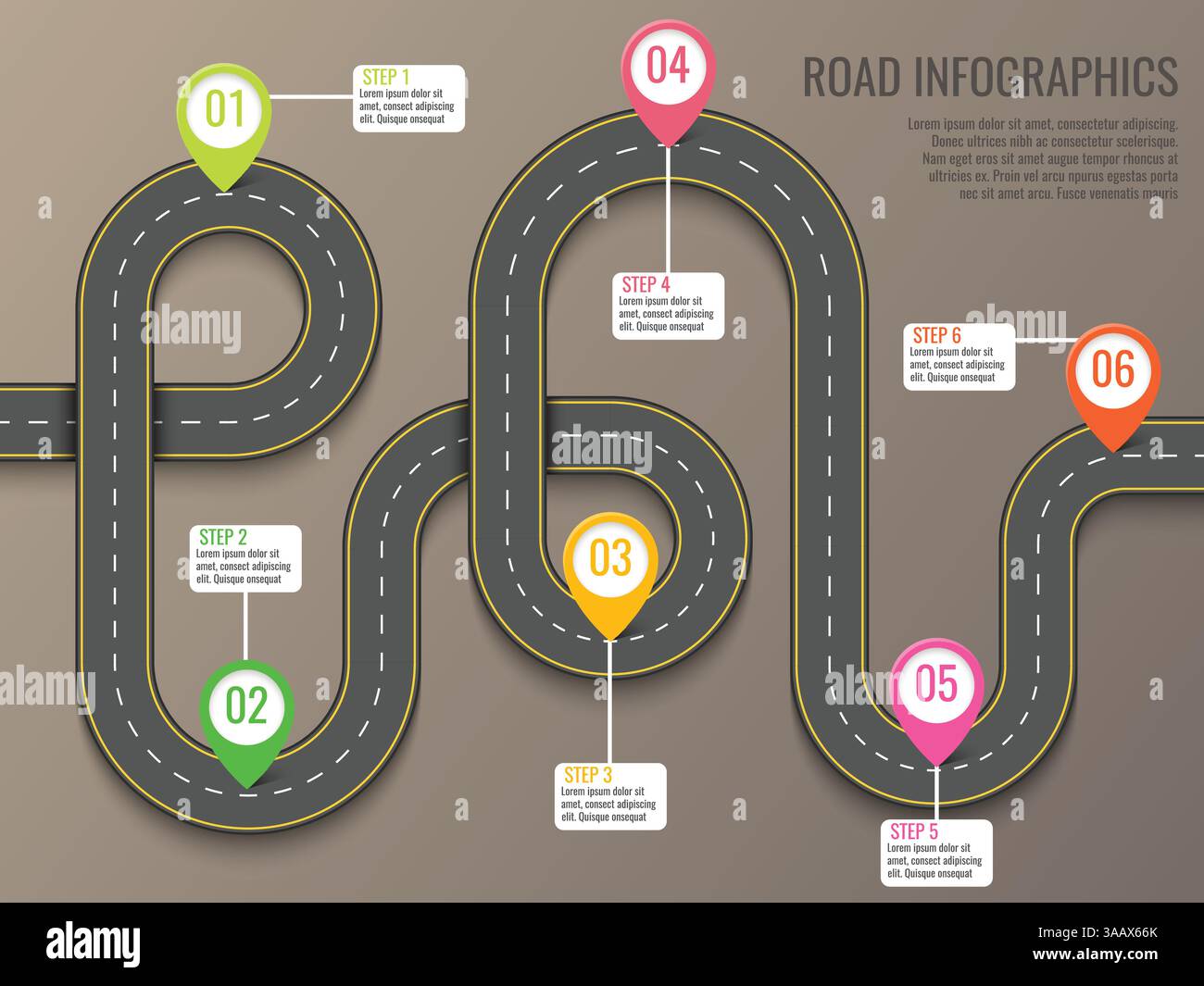 Infographics vector template with road map using pointers. Top view ...