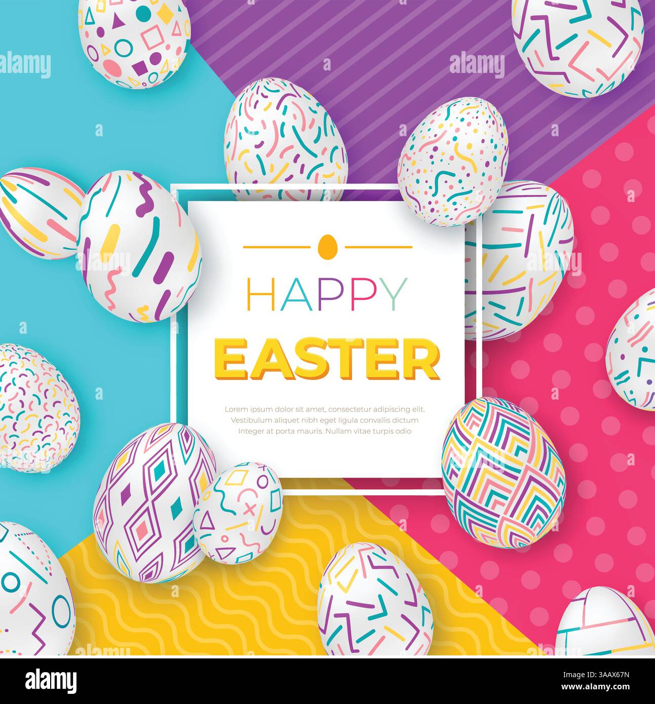 Easter background with square frame and colorful ornate eggs on modern ...