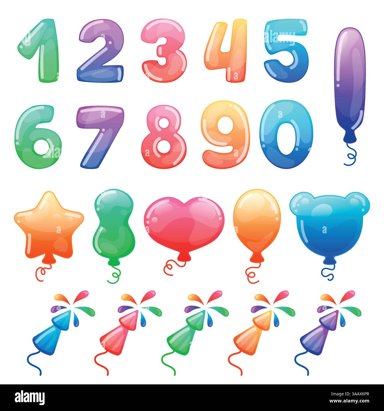 Set of color cartoon numbers, balloons and fireworks. Rainbow candy and ...