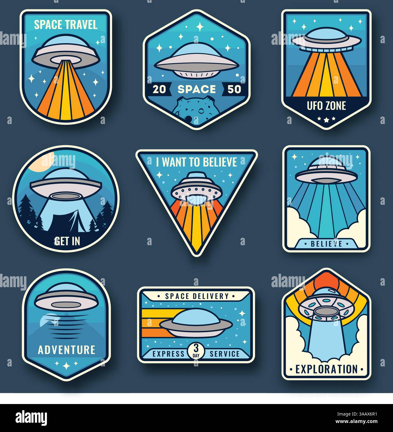 Alien spaceship, spacecrafts and ufo emblems set. Cosmic ship in form ...