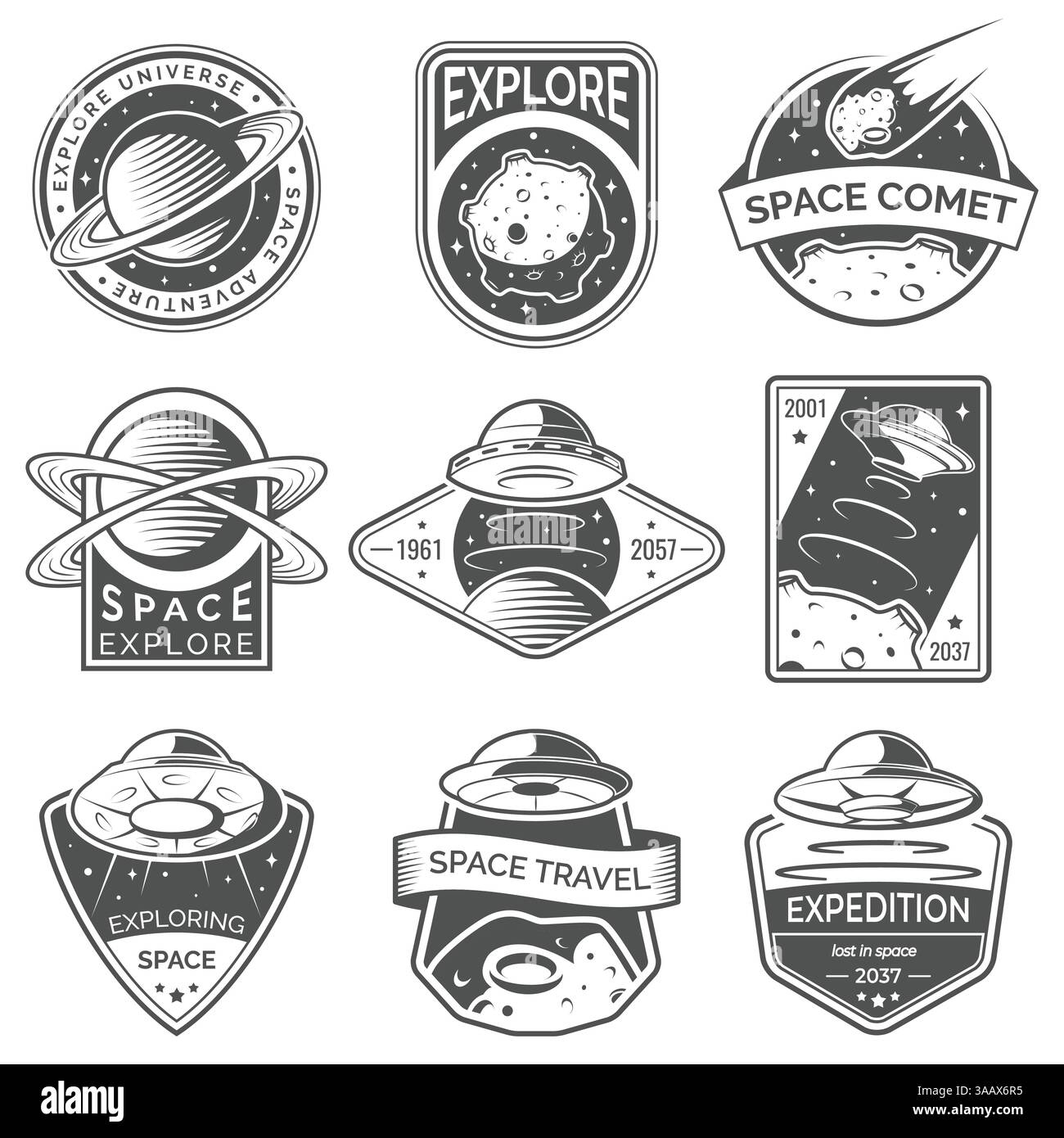 Monochrome space, UFO and planet vector labels, logos, badges, emblems ...