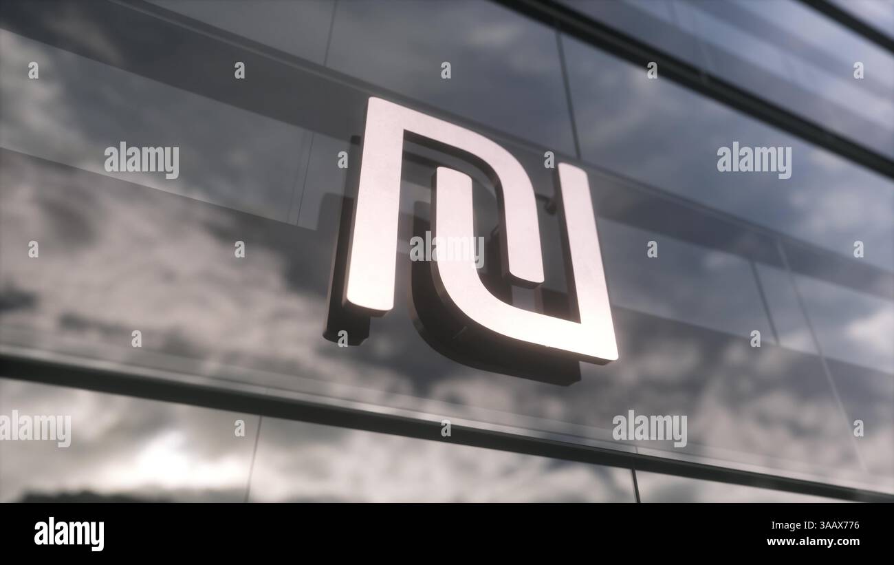 Israel Shekel currency sign on a modern glass skyscraper. Business and ...