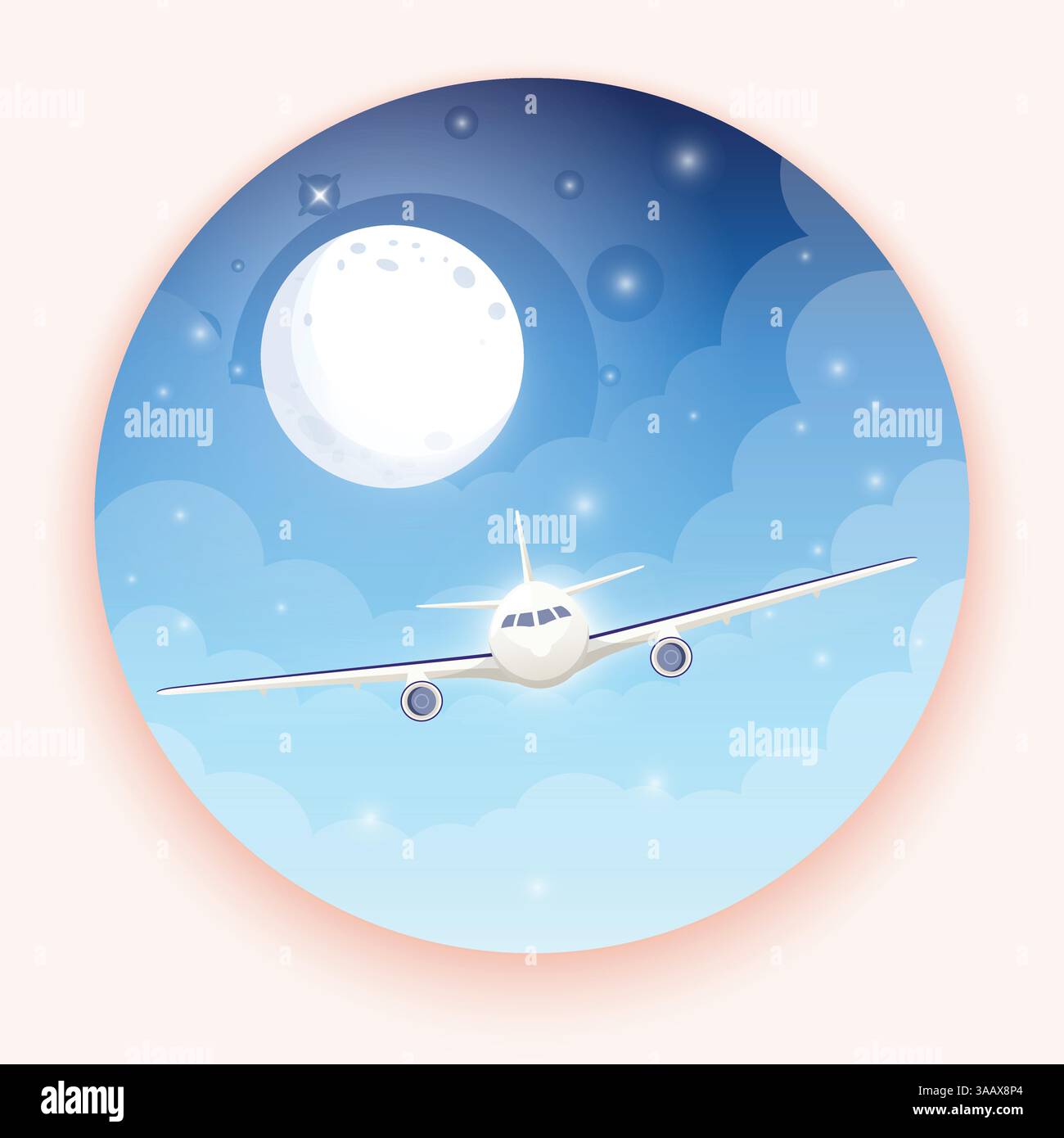 Airplane on blue background with moon and stars. A flying plane in ...