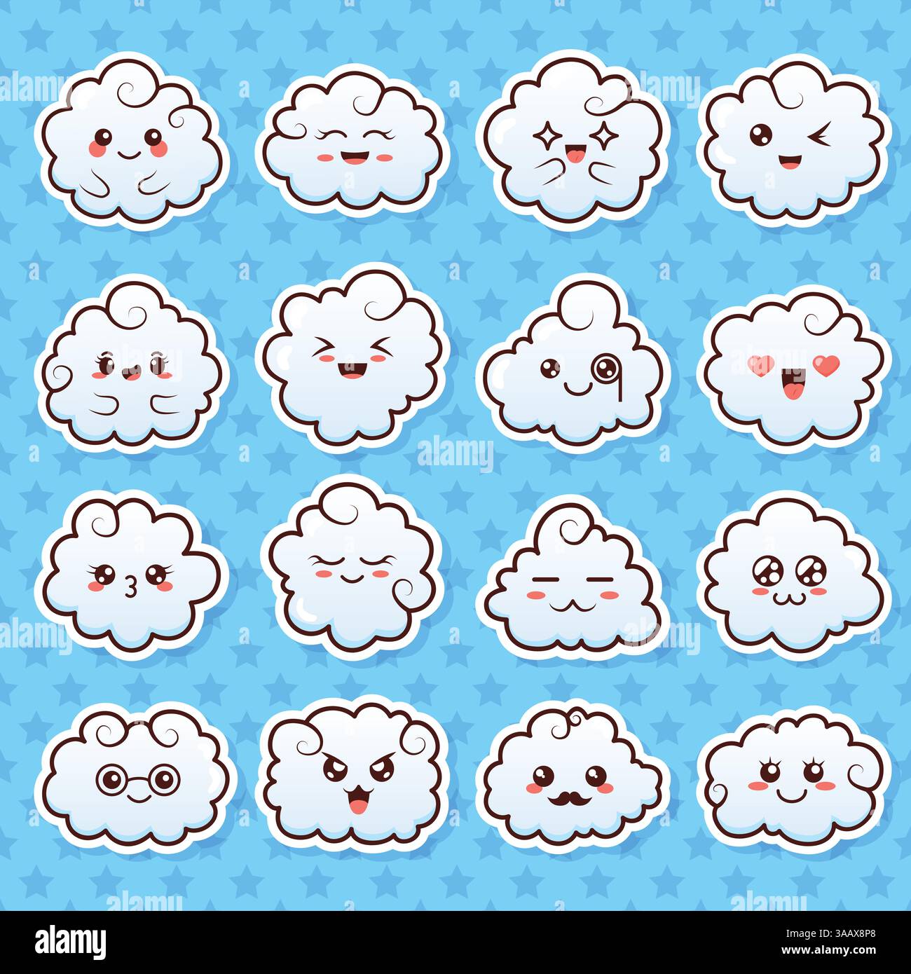 Collection of cute lovely kawaii clouds. Doodle cartoon clouds with ...