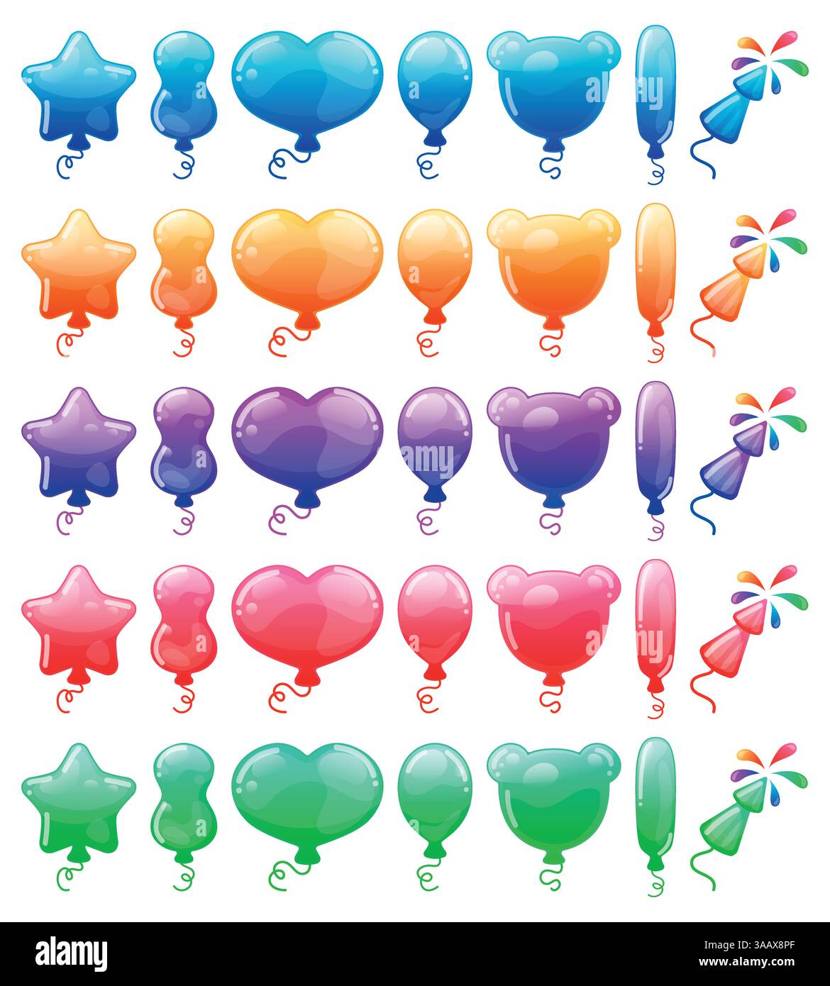 Set of color cartoon balloons and fireworks. Rainbow candy and glossy ...