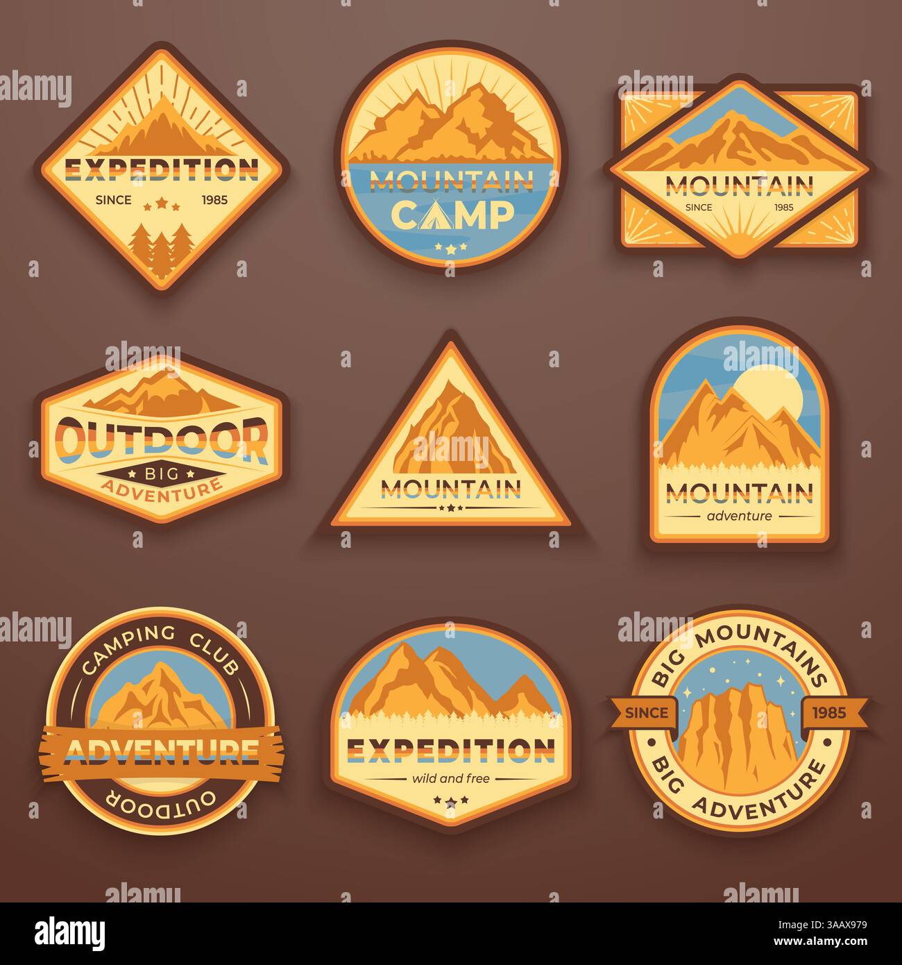 Set of nine mountain travel emblems. Camping outdoor adventure emblems ...