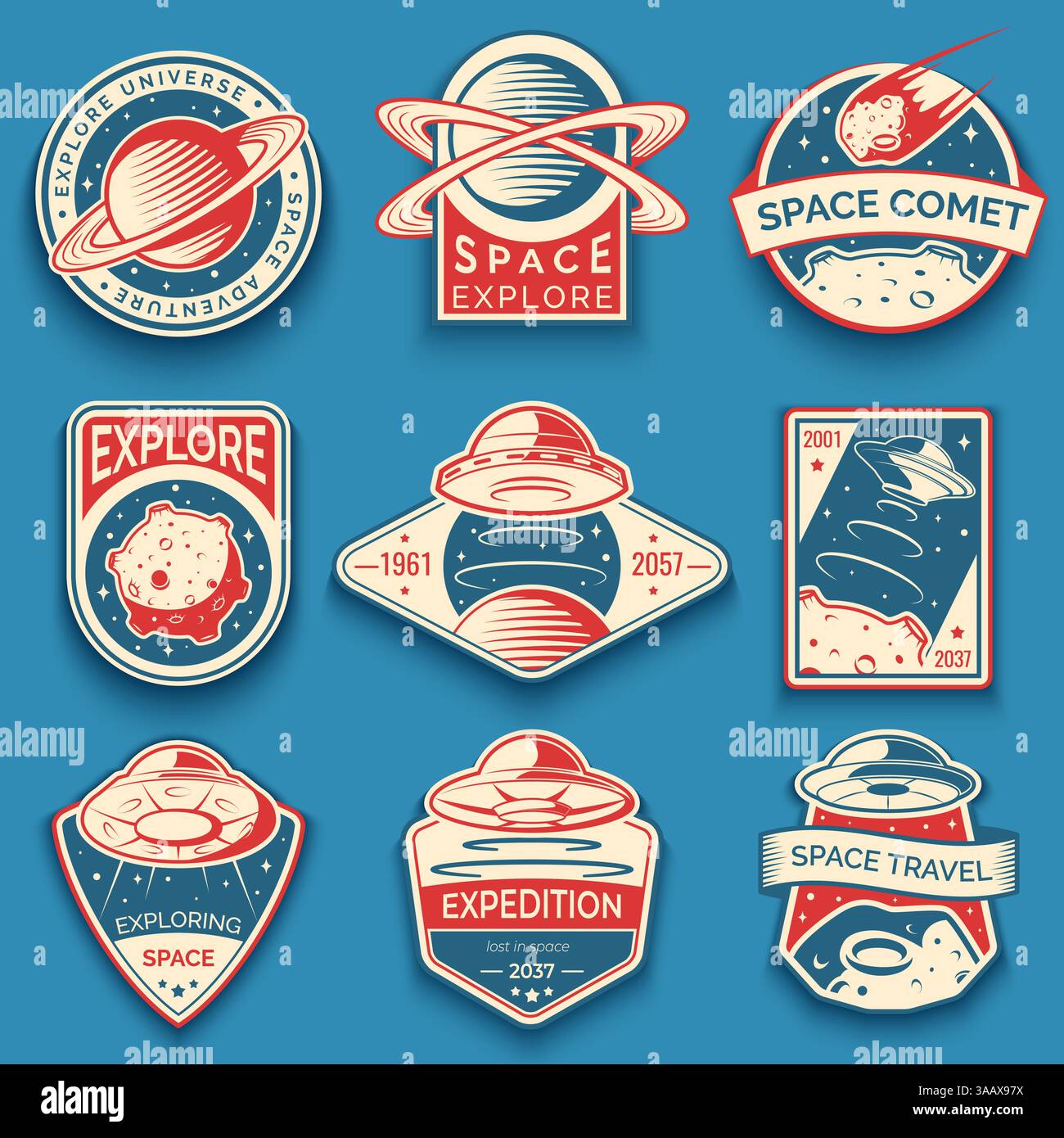 Colorful space, UFO and planet vector labels, logos, badges, emblems ...