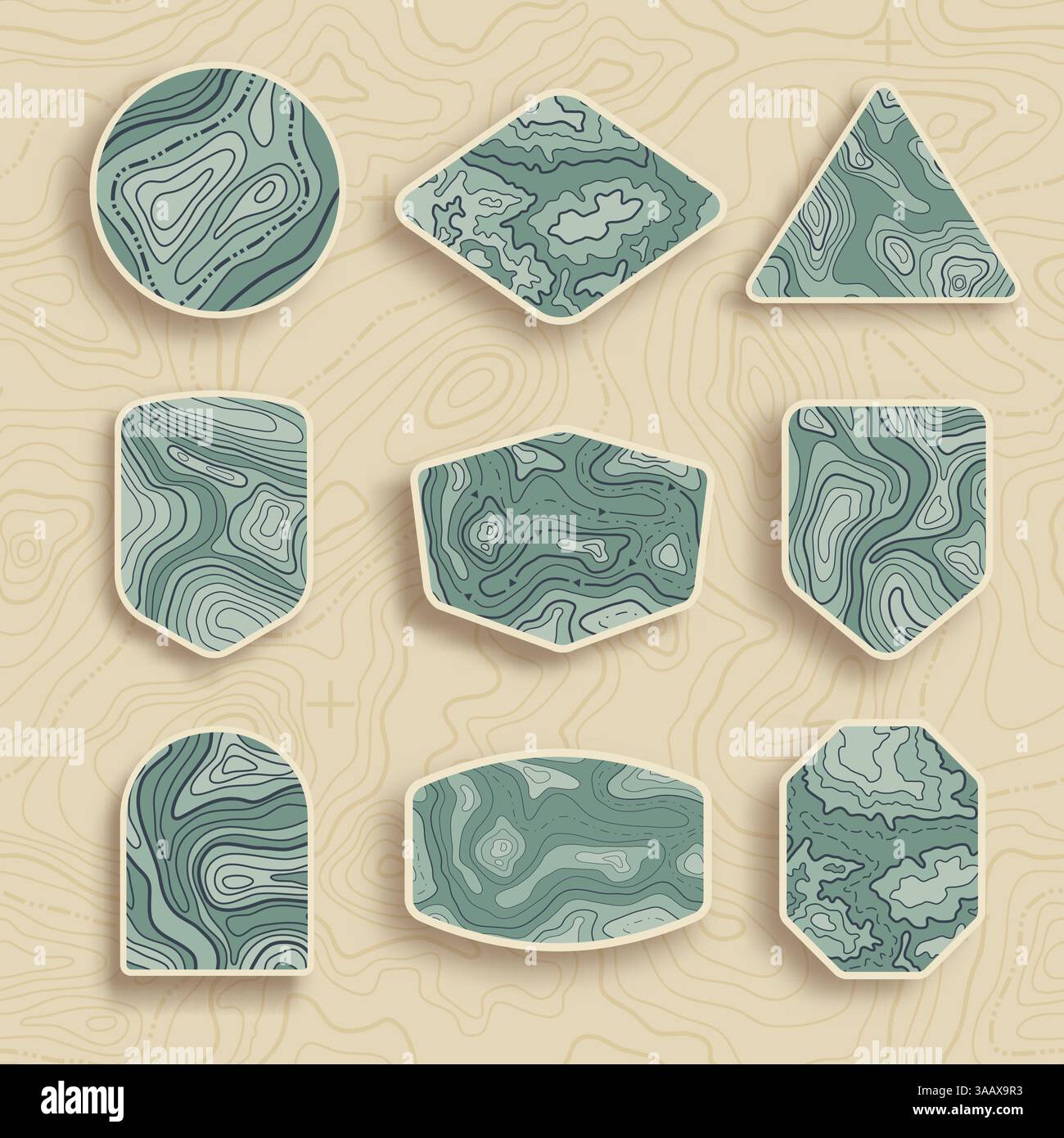 Set of nine empty topographic map travel vector emblems. Outdoor ...