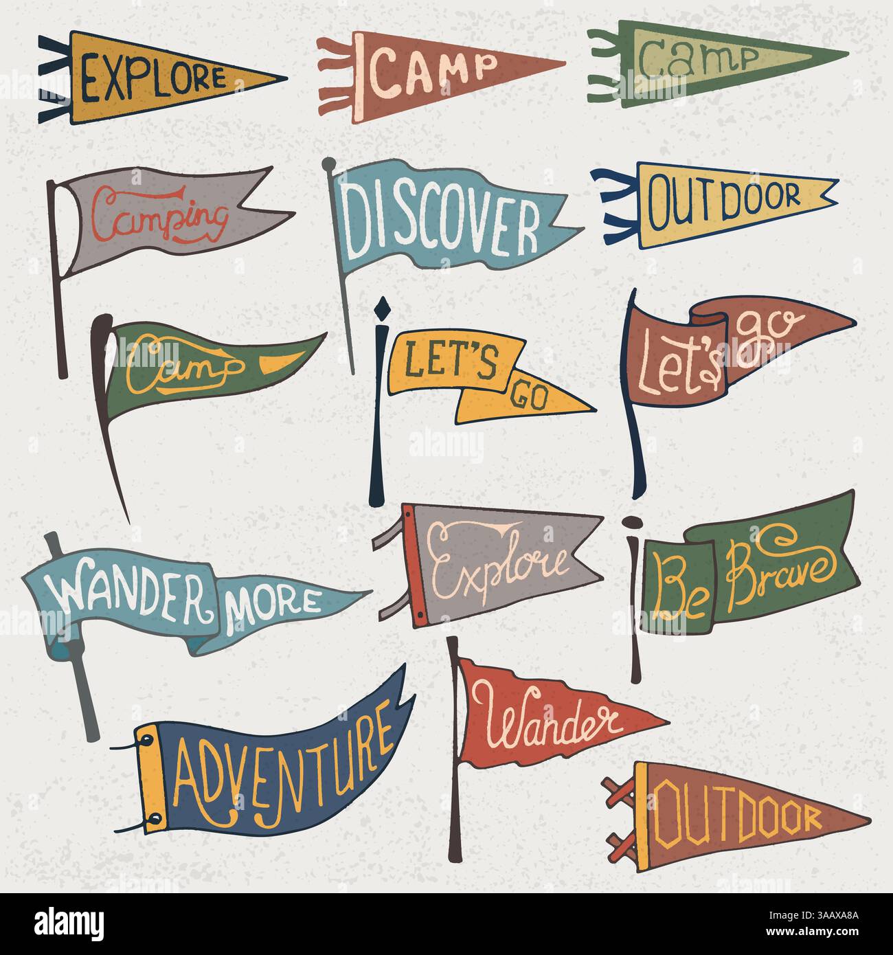 Set of adventure, outdoors, camping colorful pennants. Retro monochrome ...