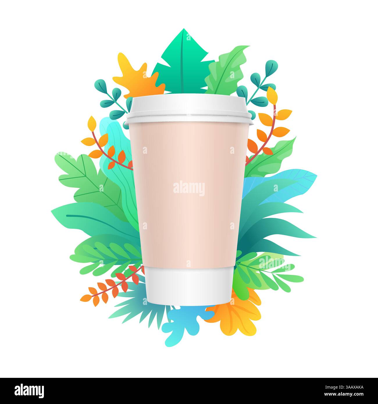 Vector paper coffee cup design with colorful leaves and plant. Takeaway ...