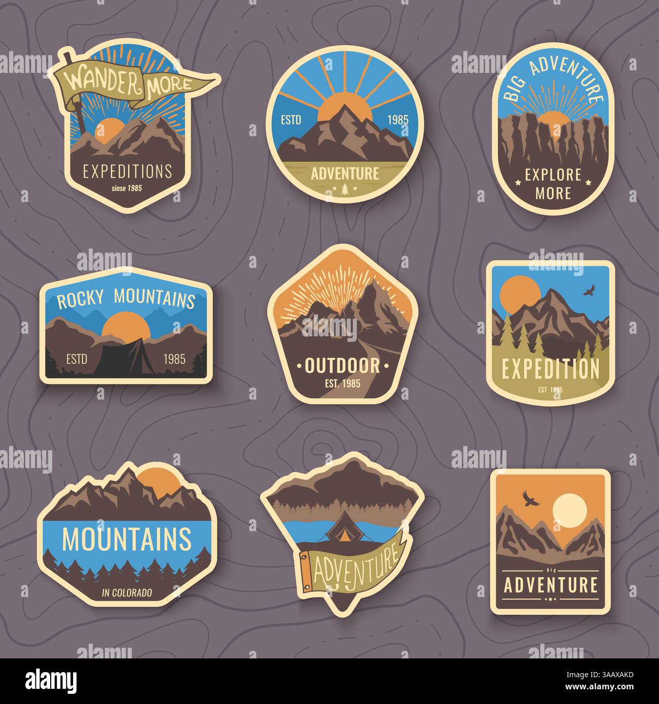 Set of nine mountain travel emblems. Camping outdoor adventure emblems ...