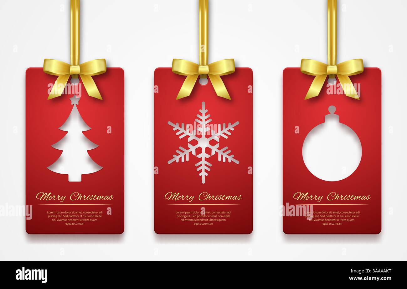 Christmas tags on white background with golden ribbon. New Year ...