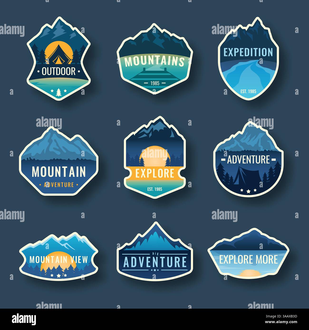 Set of nine mountain travel emblems. Camping outdoor adventure emblems ...