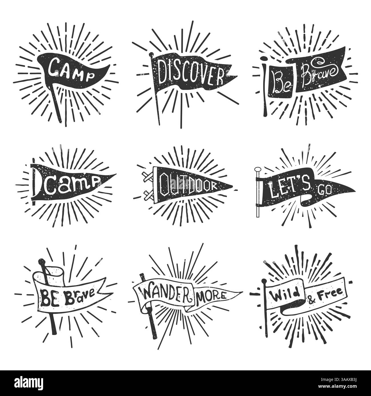Set of adventure, outdoors, camping pennants. Retro monochrome labels ...