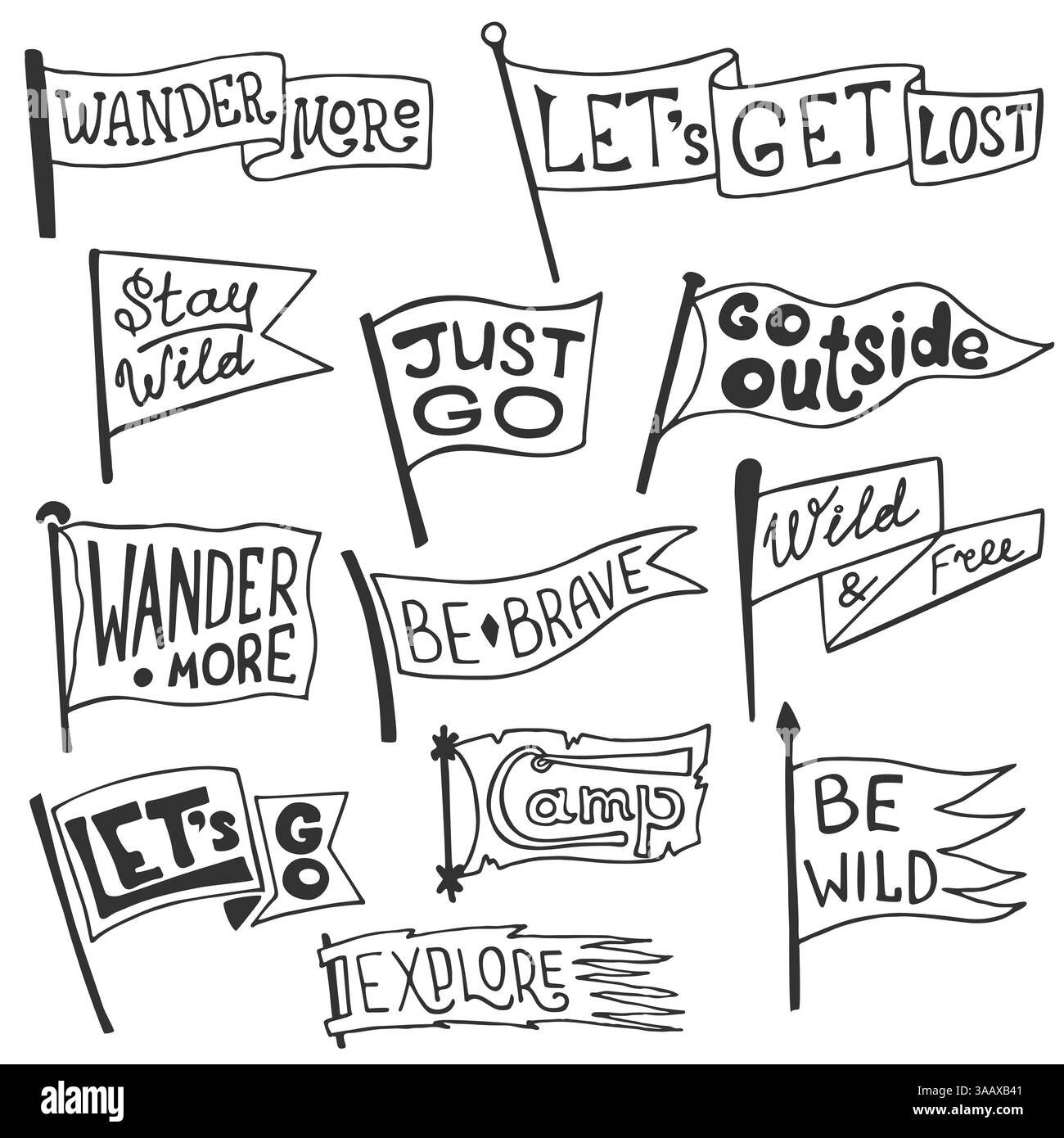 Set of adventure, outdoors, camping pennants. Retro monochrome labels ...