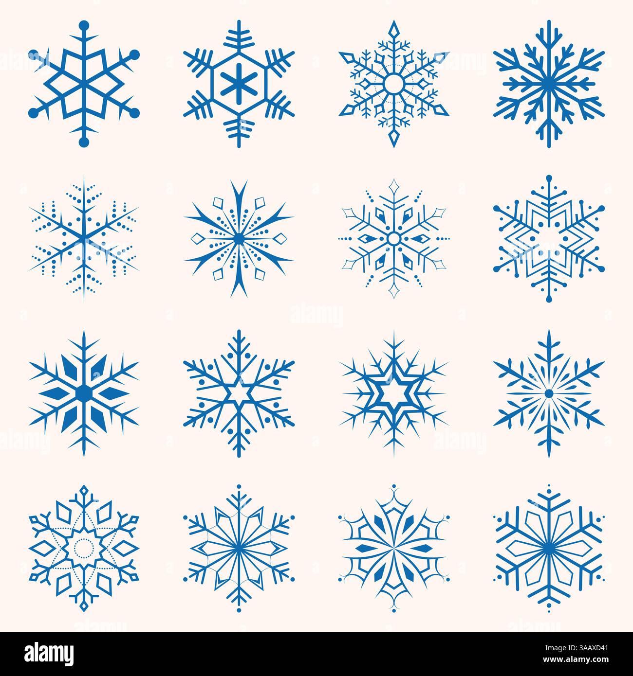 Collection of blue snowflakes. Sixteen snowflakes of different shapes ...