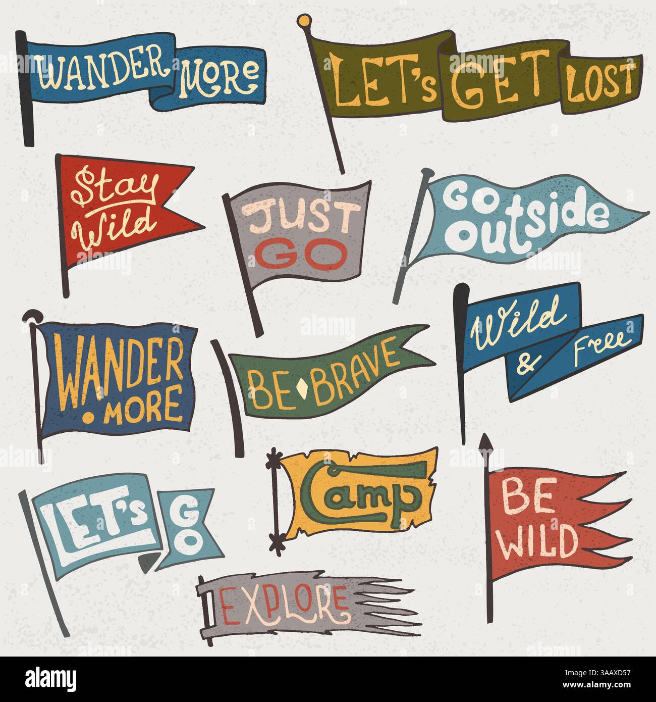 Set of adventure, outdoors, camping colorful pennants. Retro monochrome ...