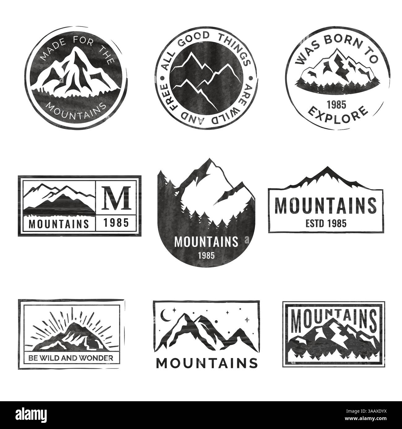 Set of nine mountain travel emblems with grunge texture. Camping ...