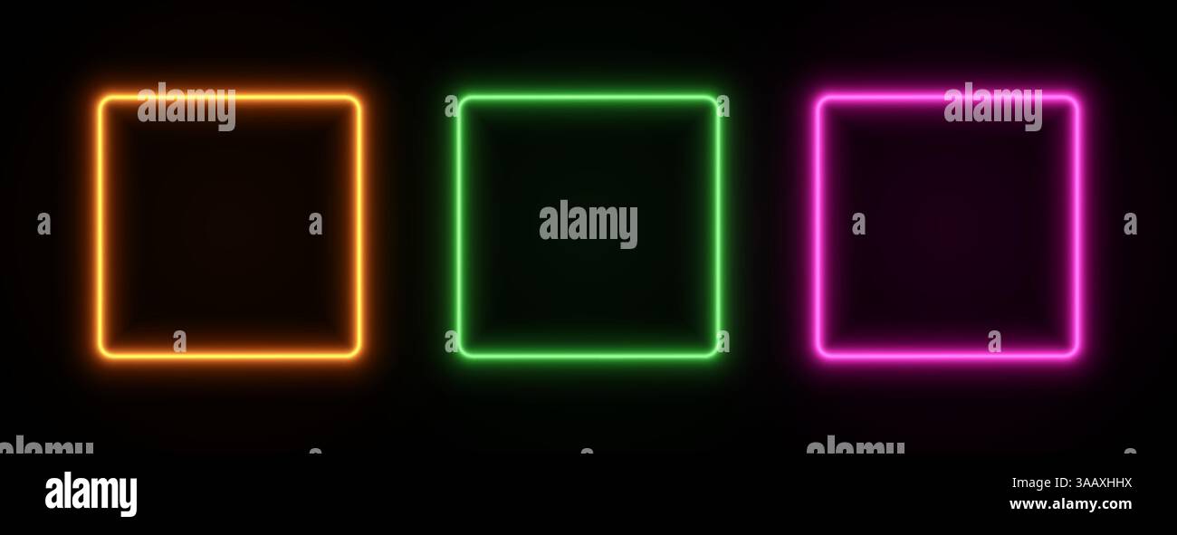 Neon square frame glow. Box border led light. Set of vector laser ...