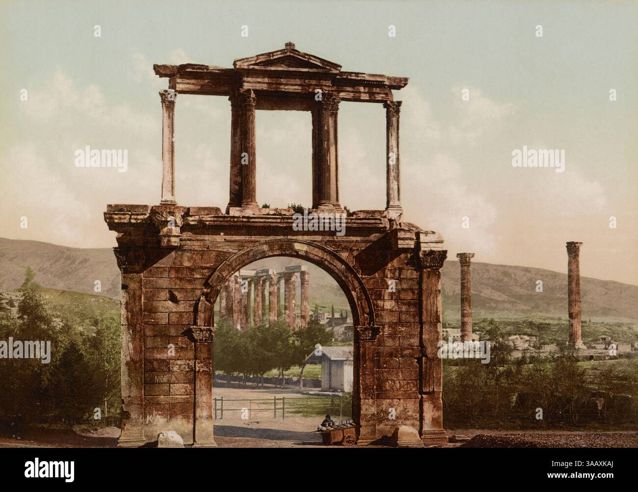 Photochrom print of the Arch of Hadrian with Temple of Olympian Zeus ...