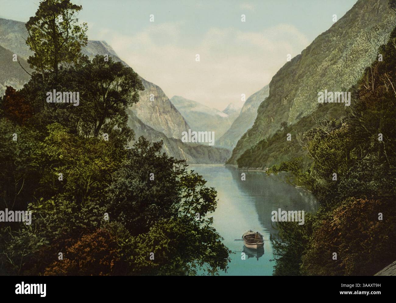 Photochrom print looking down Milford Sound, South Island, New Zealand ...