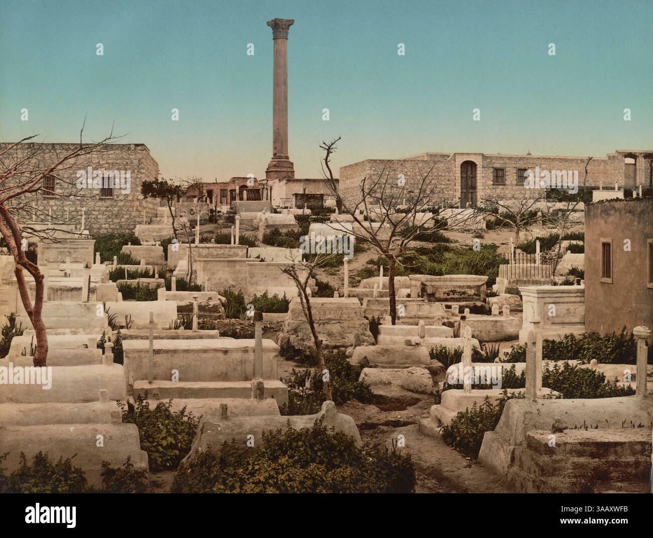 Arab cemetery and Pompey's Pillar (column) in Alexandria, Egypt Stock ...