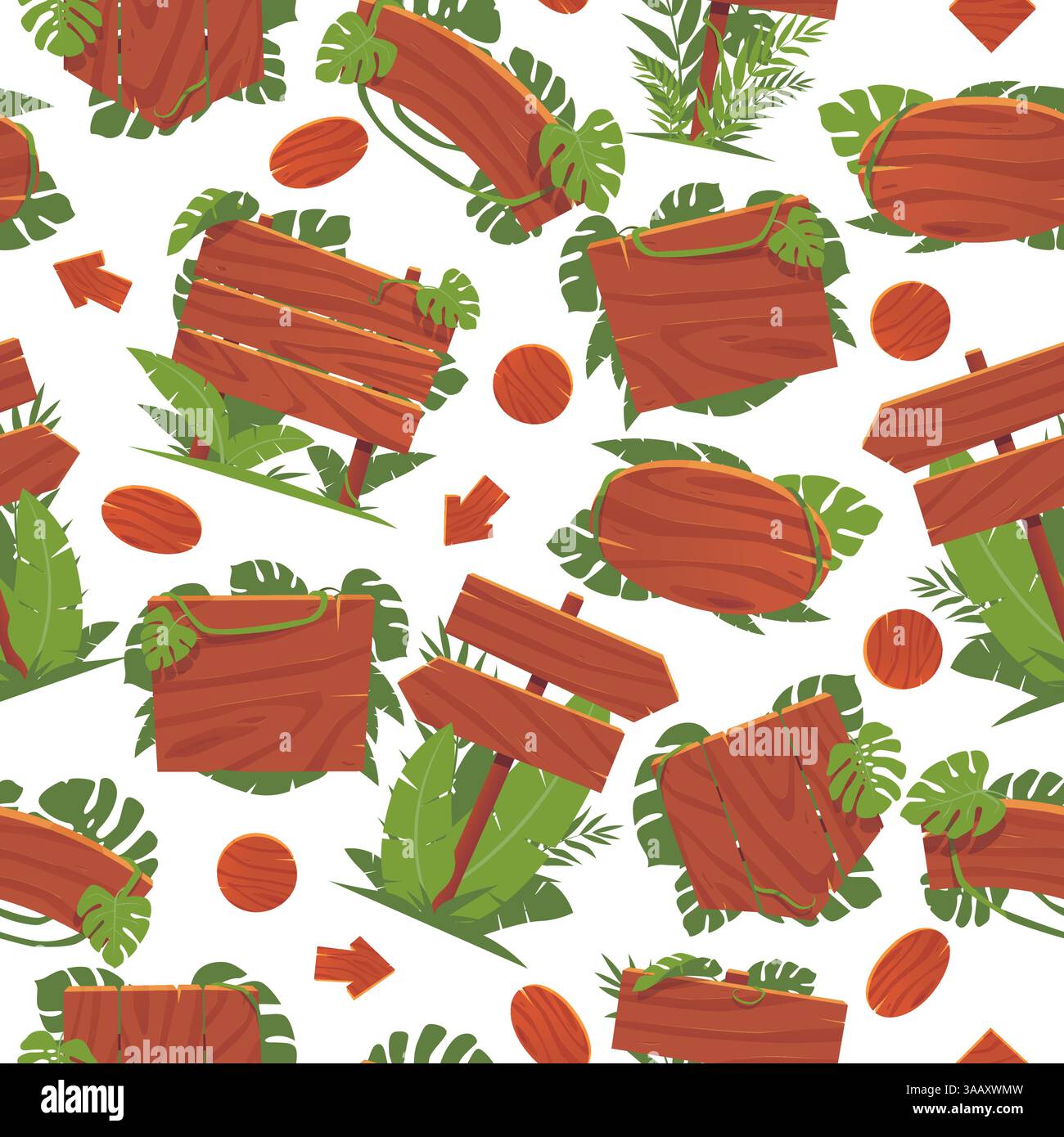 Wooden signs and signage overgrown with plants seamless pattern. Jungle ...